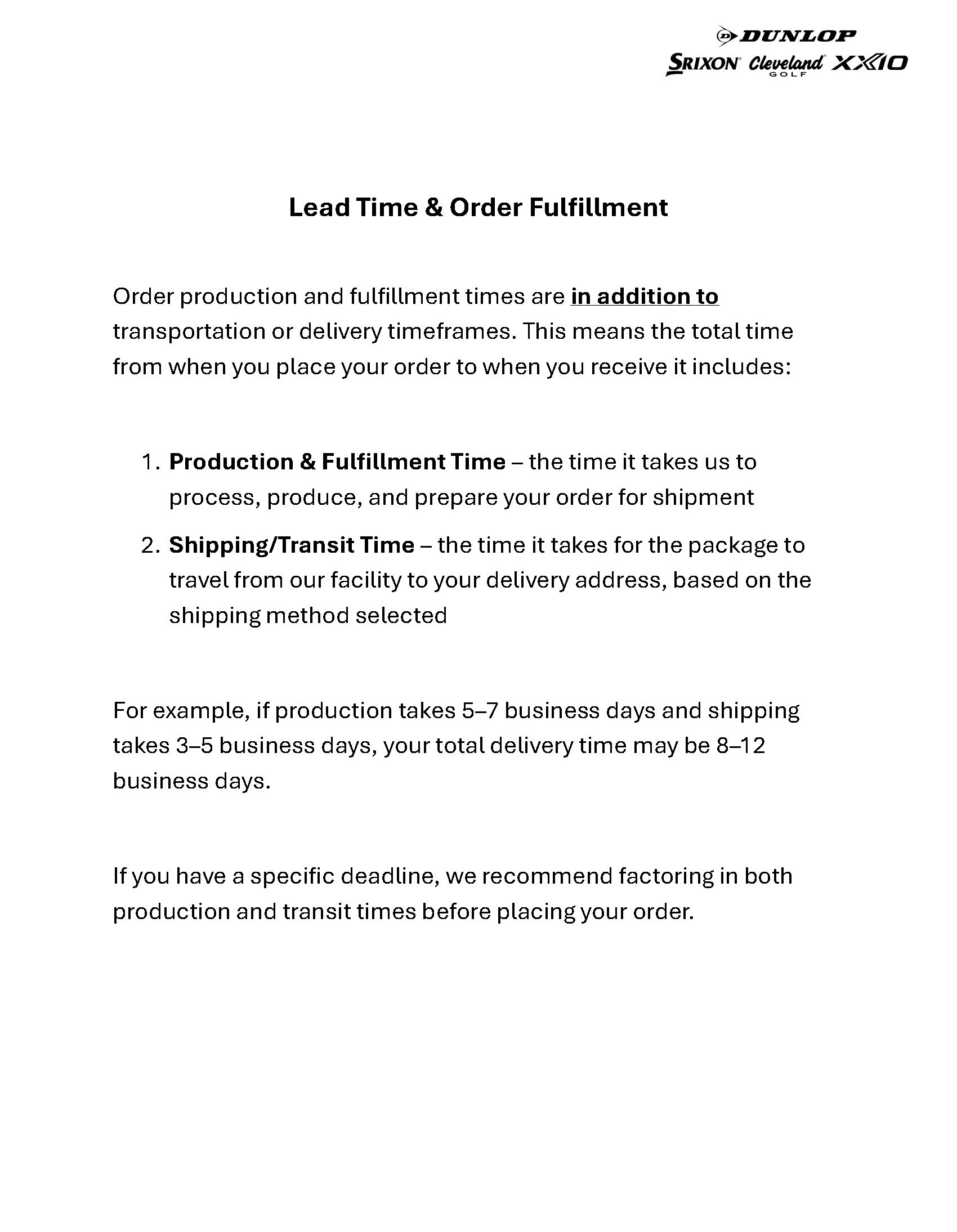 Lead Time & Order Fulfillment – Cleveland Golf